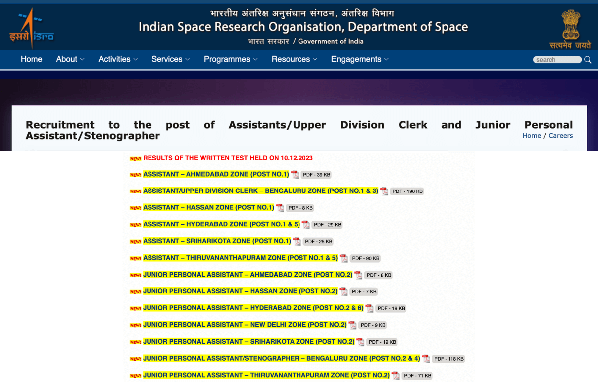 ISRO ICRB Result 2024 Out, Assistant, UDC, Steno Result PDFs ISRO ICRB Result 2024 Out, Assistant, UDC, Steno Result PDFs