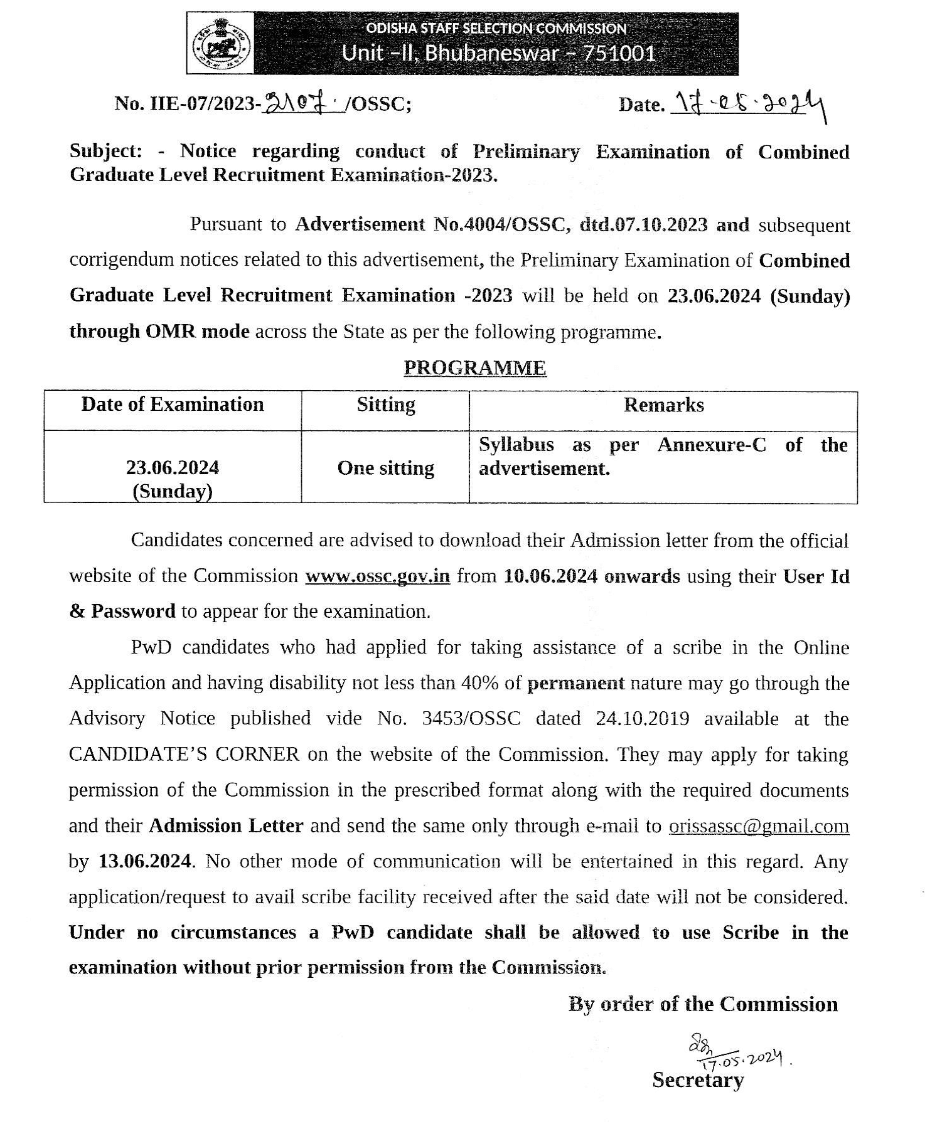 OSSC CGL Exam Date 2023-24 Out, Prelims Exam on 26 June