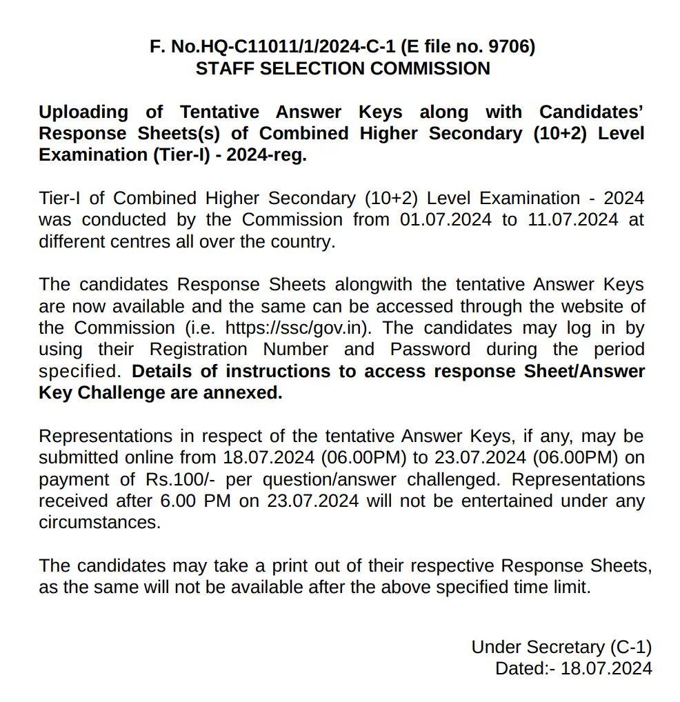 SSC CHSL Answer Key 2024 Out, Tier 1 Answer Key PDF