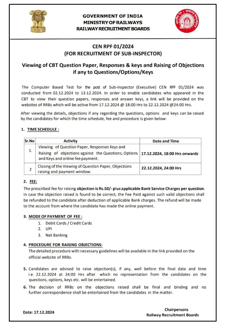 RPF SI Answer Key 2024 Out, CBT Response Sheet & Question Paper