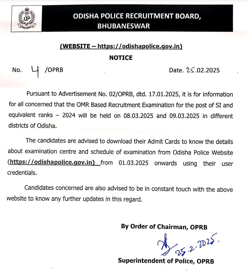 Odisha Police SI Exam Date 2025 and Hall Ticket Out for 933 Sub ...