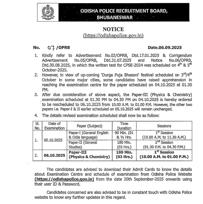 Odisha Police SI Exam Date 2025 Out, Check Revised Schedule for Paper 3