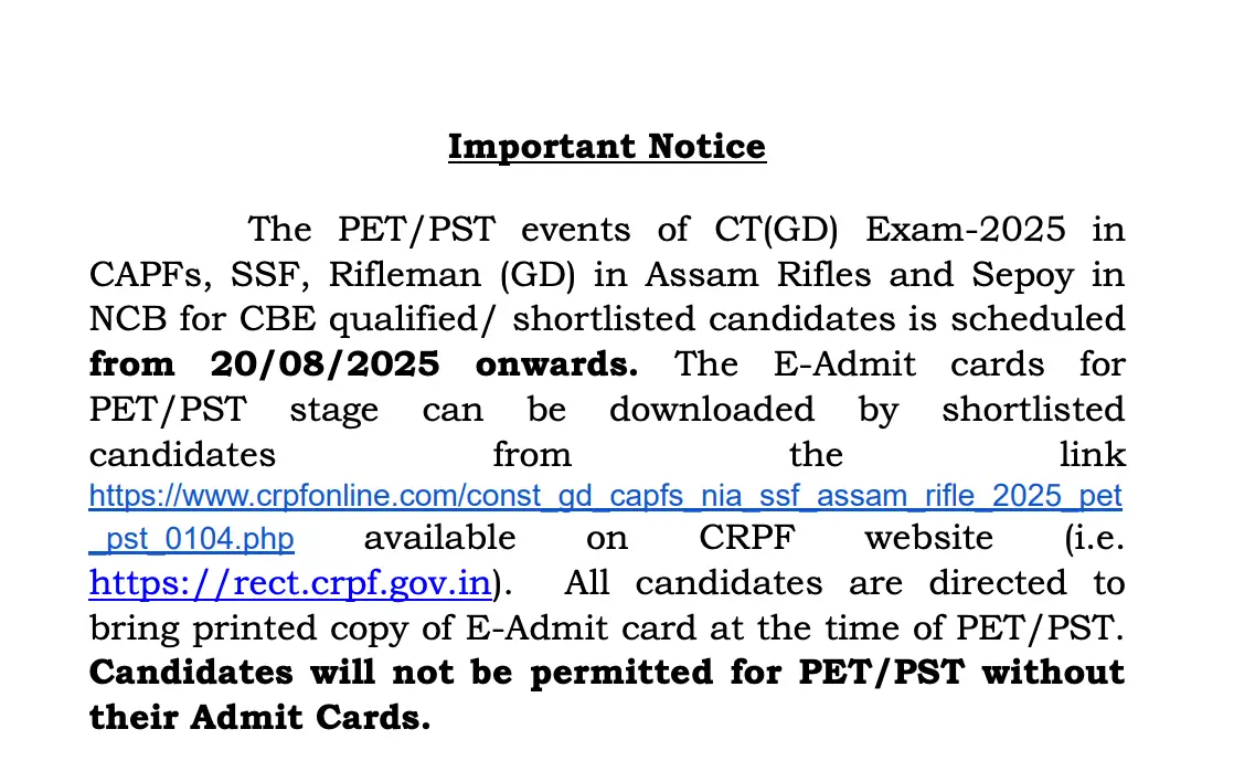 SSC GD Physical Admit Card 2025 Out, Download Constable PET PST Hall Ticket