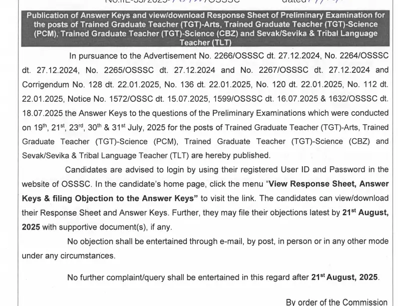 OSSSC Sevak Sevika Answer Key 2025 Out, Response Sheet Link