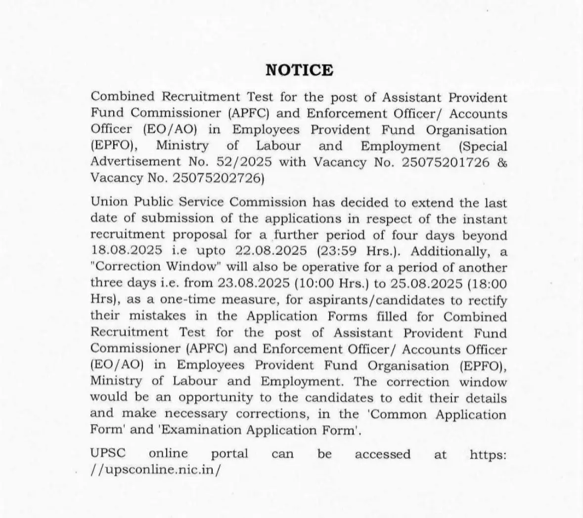 UPSC EPFO 2025 Notification, Application Form Extended for 230 EO/AO & APFC Posts