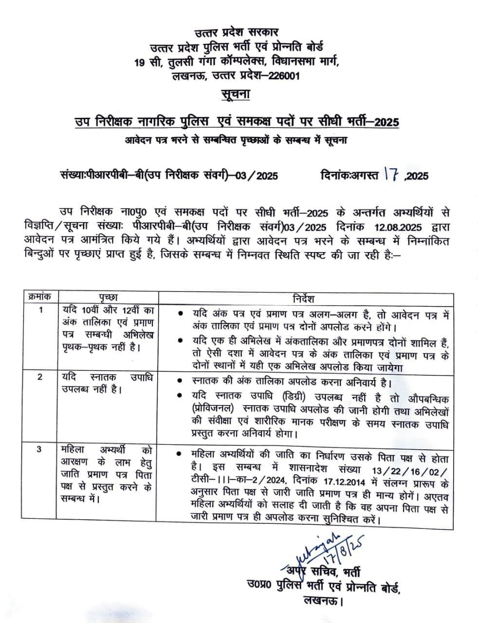 UP SI Notification 2025 and Online Form for 4543 Sub Inspector Posts