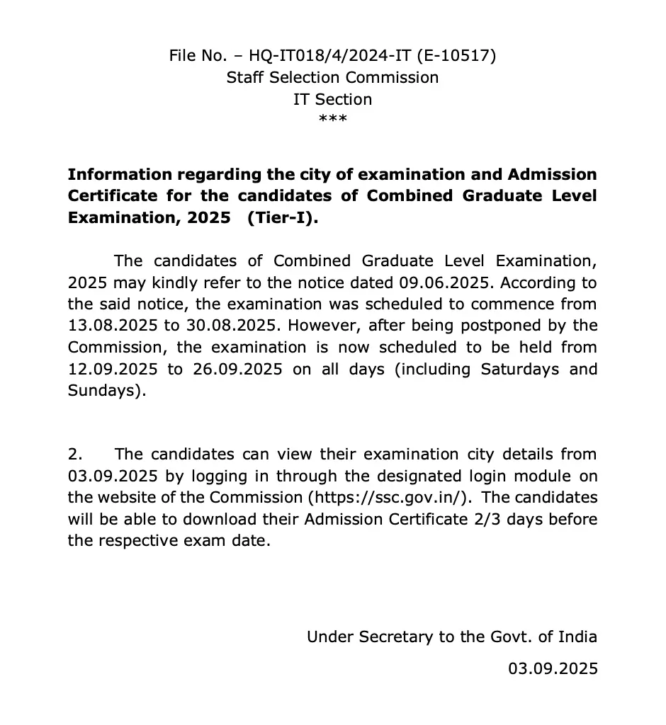 SSC CGL City Intimation Slip 2025 Out, Exam City Changed for Many ...