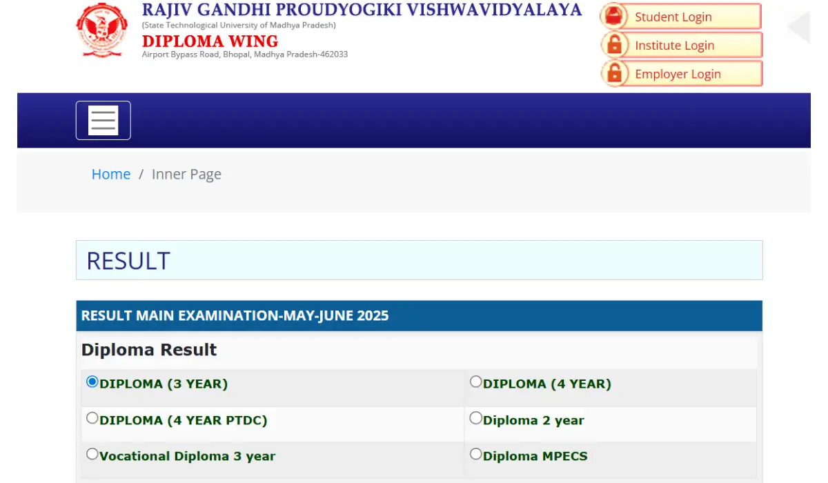RGPV Diploma Results 2025 Out @rgpvdiploma.in, Download May-June Marksheet PDF