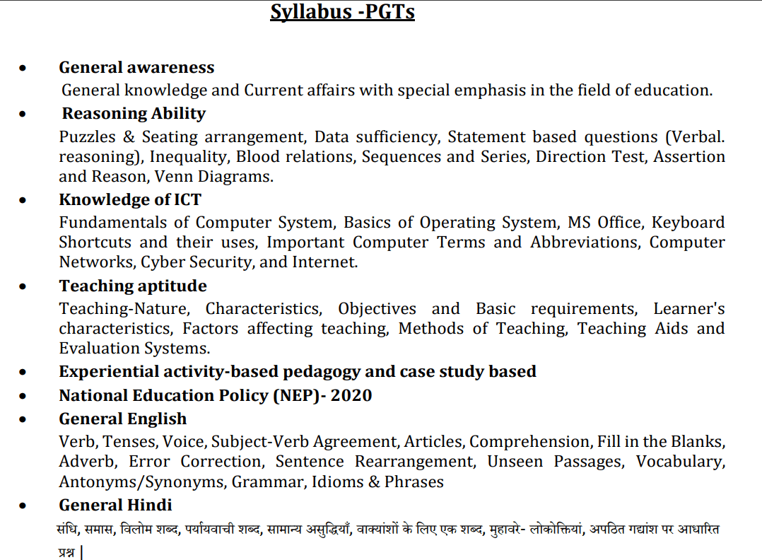 EMRS PGT Teacher Syllabus and Exam Pattern 2025, Syllabus PDF