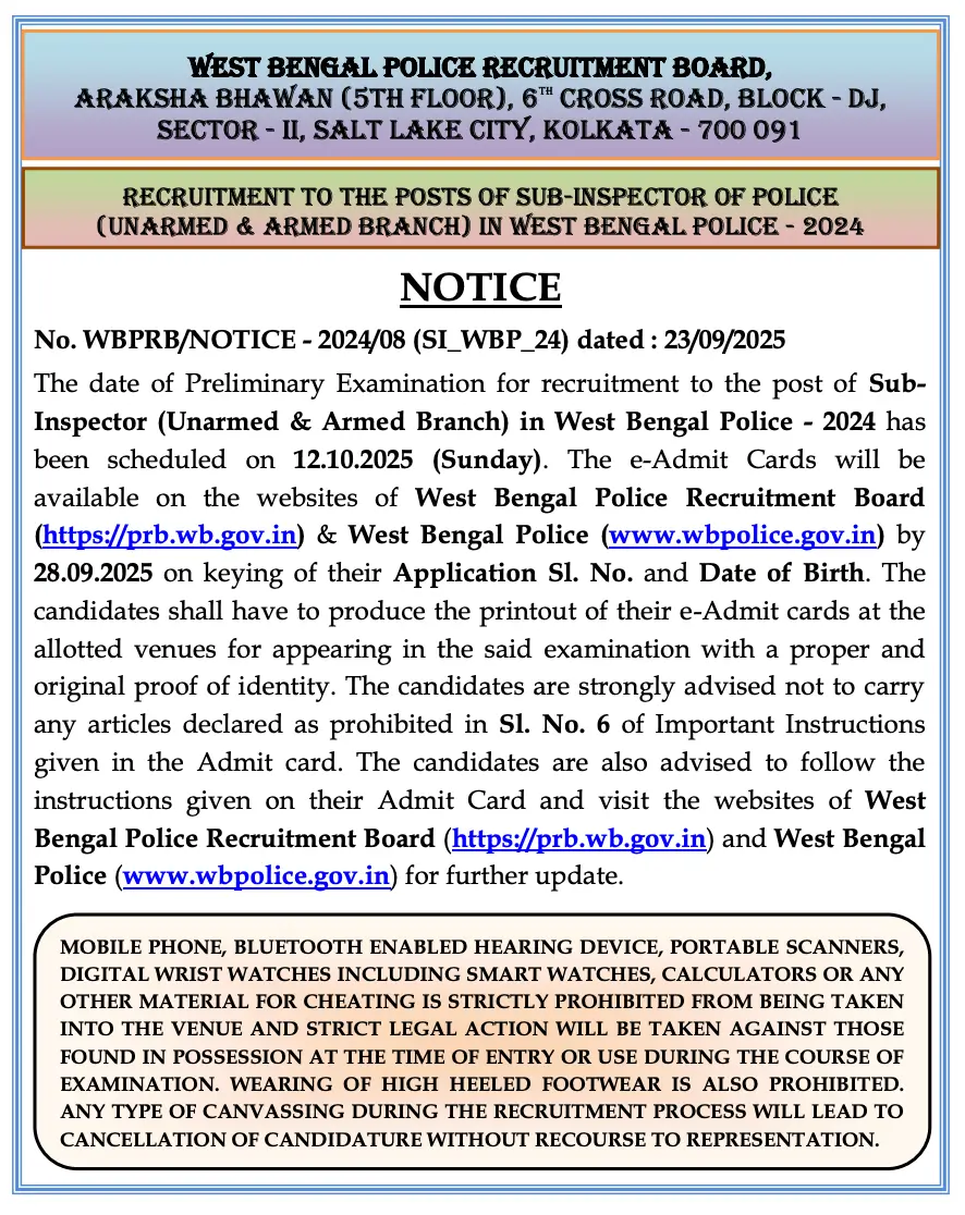 WBP Exam Date 2025 Out for SI and Constable Posts, Check Official Dates