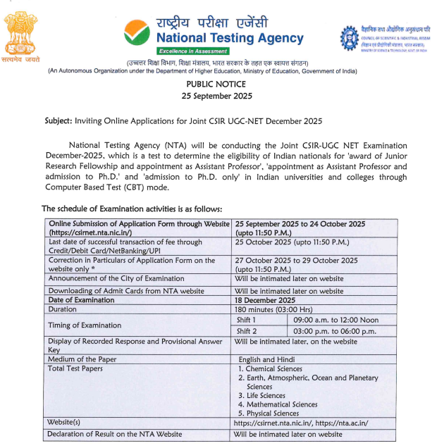 CSIR NET 2025 December Notification 2025 Out, Apply Online Till 24 Oct