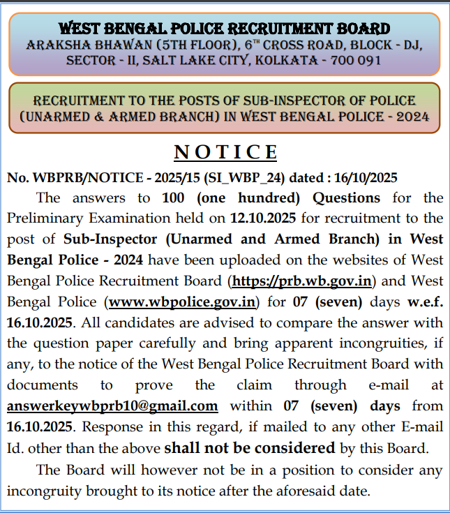WBP SI Answer Key 2025 Out at wbpolice.gov, Download Response Sheet PDF