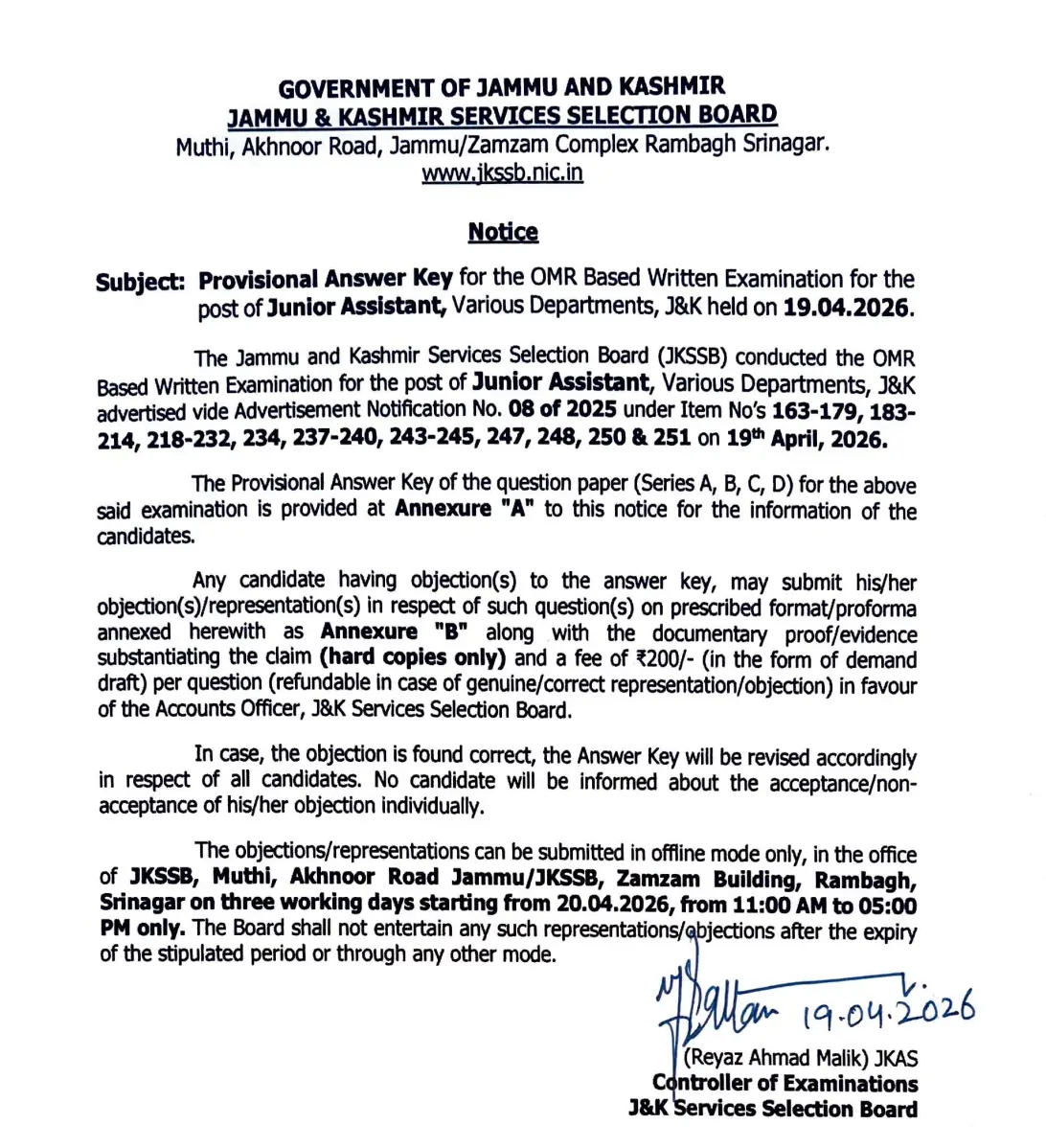 JKSSB Junior Assistant Answer Key 2026 Out (Official), Download ...