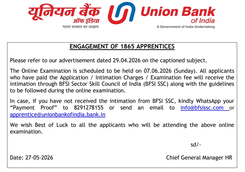 Union Bank of India Apprentice Exam Date 2026 Out, Online Exam on 7 June