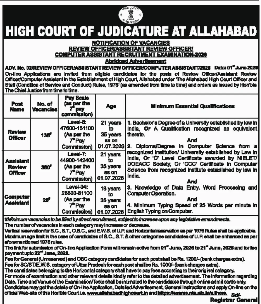 Allahabad High Court RO ARO Notification 2026 Out (Short), 543 Vacancies