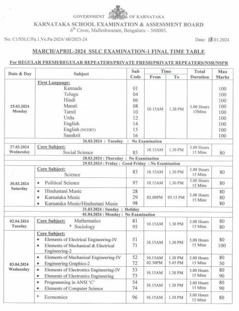 Karnataka SSLC Time Table 2024 Out, Class 10 Board Exams from March 25