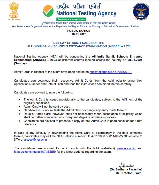 AISSEE Sainik School Admit Card 2024 Out for Class 6 and 9, Download Link