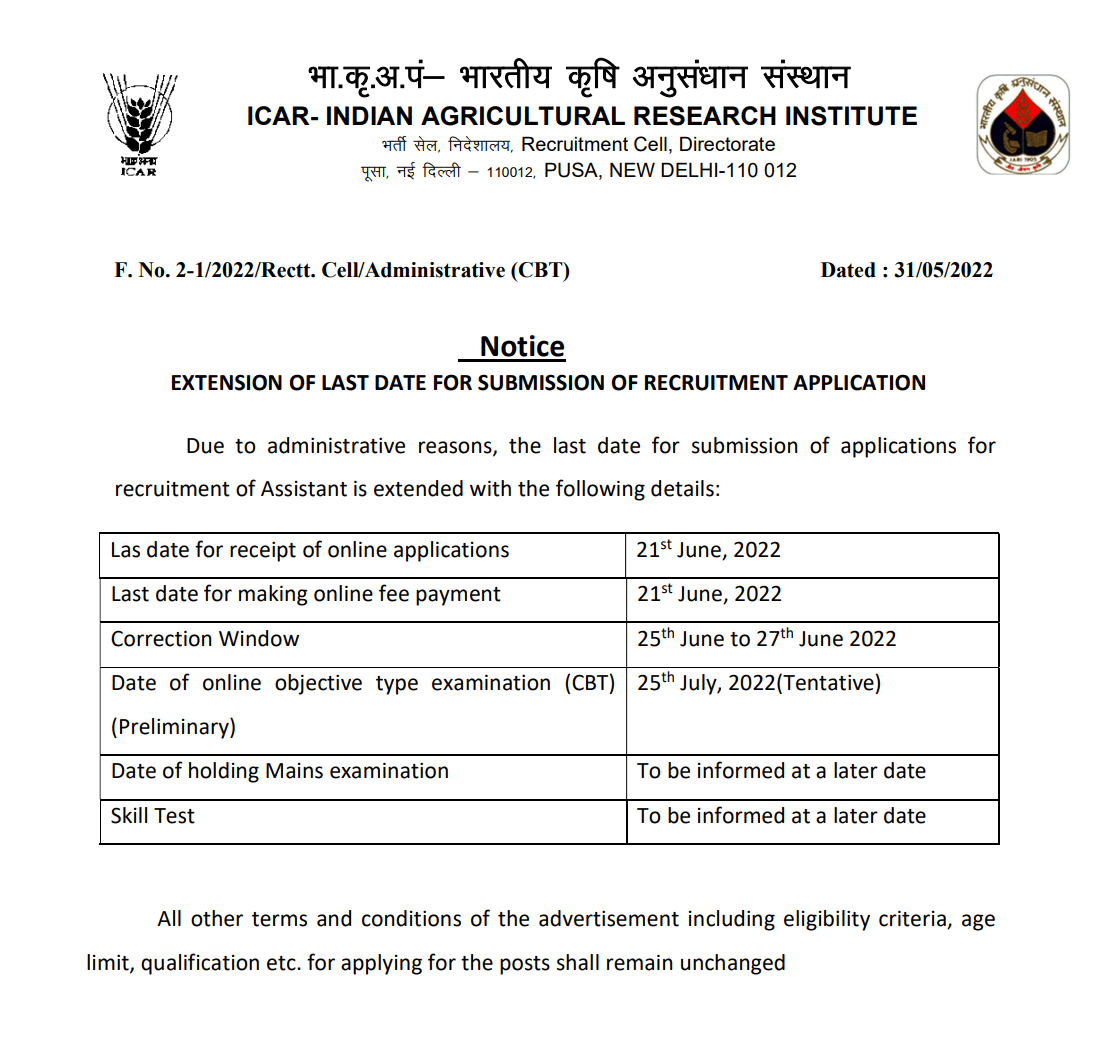 ICAR IARI Assistant Recruitment 2022,Last Date Extended to Apply Online ...